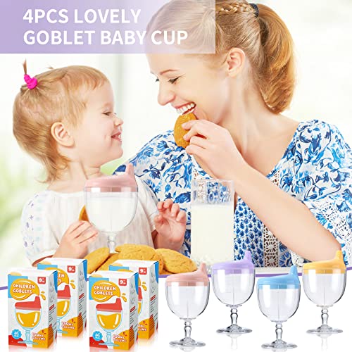 4 Pcs Wine Sippy Cup Goblet Plastic Wine Glass Sippy Cup Beverage Mug with Lid Milk Bottles for Toddlers over 8 Months for Baby Kids Birthday Christmas Party Celebration, Blue, Pink, Yellow, Purple