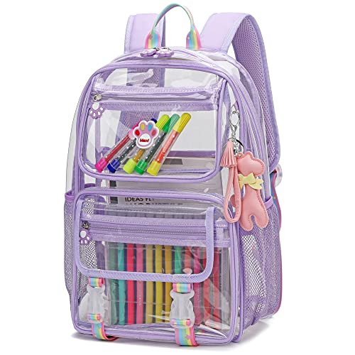 Maod Clear Backpack for Girls Cute Transparent See ThroughHeavy Duty Kid School Book Bags with Reinforced Padded Straps and Complimentary Gift (Purple, Small)