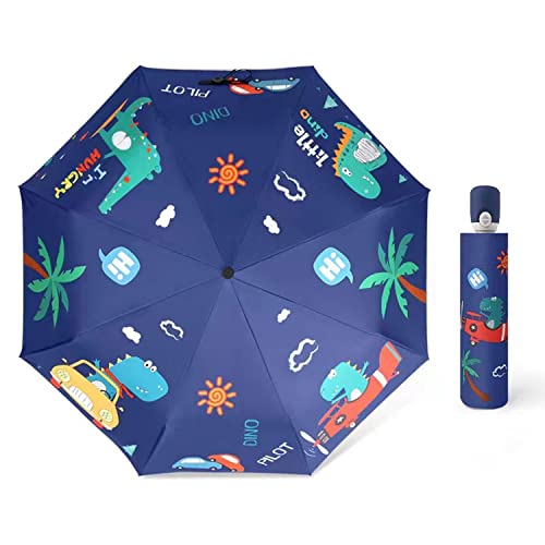 Hannstar kids Folding Travel Umbrella, Strong and Portable - Wind Resistant, Anti-UV Compact Durable Cute Umbrella, Auto Open/Close, Lightweight Backpack Cartoon Umbrella for girls & boys (Dinosaur)