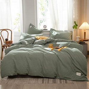 os omystyle sage green duvet cover queen size 100% washed cotton linen like textured for all seasons, 3 pieces ultra-soft solid color bedding set with zipper closure, 1pc duvet cover 2pcs pillowcases