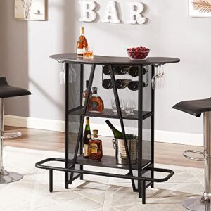 vecelo bar unit with metal mesh front, 3-tier wine rack table with glasses holder, home liquor cabinet with storage and footrest for living room, kitchen, cement grey