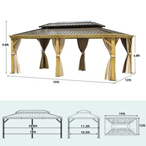 YITAHOME 12x20ft Hardtop Gazebo with Nettings and Curtains, Wood Grain Heavy Duty Double Roof Galvanized Steel Outdoor Combined of Vertical Stripes Roof for Patio, Backyard, Deck, Lawns, Brown