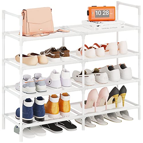 Calmootey 4-Tier Shoe Rack Double Row Storage Organizer,16-20 Pairs Shoe Storage Shelf for Entryway,Living Room,White