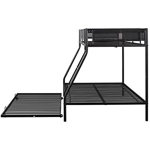 Dolonm Twin Over Full Bunk Bed with Trundle, Metal Bunkbed with Textilene Safety Net and Guardrail, Heavy Duty Bed Frame for Kids Teens Adults, No Box Spring Needed, Black