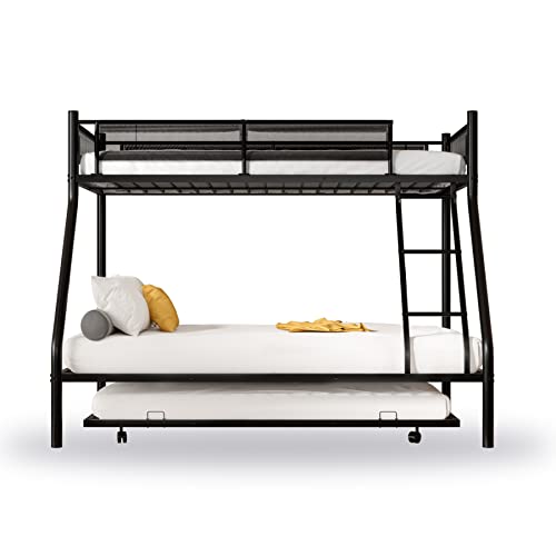 Dolonm Twin Over Full Bunk Bed with Trundle, Metal Bunkbed with Textilene Safety Net and Guardrail, Heavy Duty Bed Frame for Kids Teens Adults, No Box Spring Needed, Black