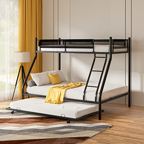 Dolonm Twin Over Full Bunk Bed with Trundle, Metal Bunkbed with Textilene Safety Net and Guardrail, Heavy Duty Bed Frame for Kids Teens Adults, No Box Spring Needed, Black