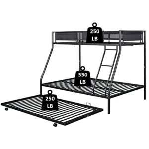 Dolonm Twin Over Full Bunk Bed with Trundle, Metal Bunkbed with Textilene Safety Net and Guardrail, Heavy Duty Bed Frame for Kids Teens Adults, No Box Spring Needed, Black