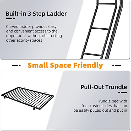 Dolonm Twin Over Full Bunk Bed with Trundle, Metal Bunkbed with Textilene Safety Net and Guardrail, Heavy Duty Bed Frame for Kids Teens Adults, No Box Spring Needed, Black