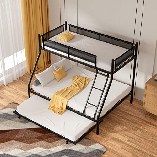 Dolonm Twin Over Full Bunk Bed with Trundle, Metal Bunkbed with Textilene Safety Net and Guardrail, Heavy Duty Bed Frame for Kids Teens Adults, No Box Spring Needed, Black