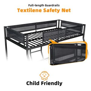 Dolonm Twin Over Full Bunk Bed with Trundle, Metal Bunkbed with Textilene Safety Net and Guardrail, Heavy Duty Bed Frame for Kids Teens Adults, No Box Spring Needed, Black