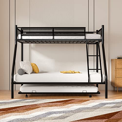 Dolonm Twin Over Full Bunk Bed with Trundle, Metal Bunkbed with Textilene Safety Net and Guardrail, Heavy Duty Bed Frame for Kids Teens Adults, No Box Spring Needed, Black