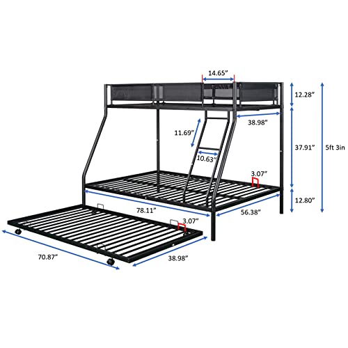 Dolonm Twin Over Full Bunk Bed with Trundle, Metal Bunkbed with Textilene Safety Net and Guardrail, Heavy Duty Bed Frame for Kids Teens Adults, No Box Spring Needed, Black