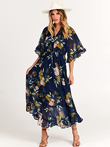 ANRABESS Women's Summer Ruffle Maxi Dress Floral Print 3/4 Bell Sleeve V Neck High Waist Flowy Boho Long Dress 746fenchahua-M