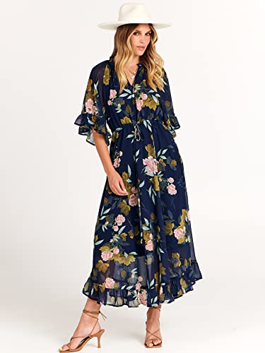 ANRABESS Women's Summer Ruffle Maxi Dress Floral Print 3/4 Bell Sleeve V Neck High Waist Flowy Boho Long Dress 746fenchahua-M