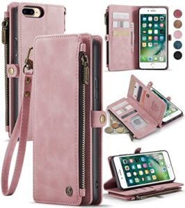 defencase for iphone 8 plus case, iphone 7 plus case, iphone 8 plus wallet case for women men, durable leather strap zipper card holder wallet phone case for iphone 7 plus & iphone 8 plus, rose pink