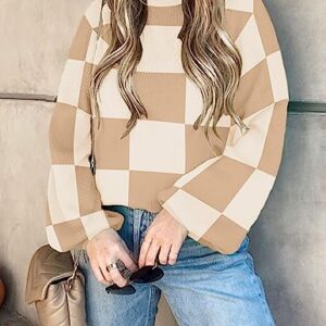 ZESICA Women's 2023 Fall Fashion Turtleneck Long Sleeve Striped Ribbed Knit Loose Pullover Sweater Tops,KhakiPlaid,Small