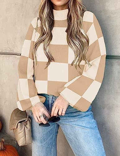 ZESICA Women's 2023 Fall Fashion Turtleneck Long Sleeve Striped Ribbed Knit Loose Pullover Sweater Tops,KhakiPlaid,Small