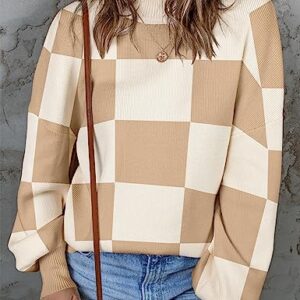 ZESICA Women's 2023 Fall Fashion Turtleneck Long Sleeve Striped Ribbed Knit Loose Pullover Sweater Tops,KhakiPlaid,Small