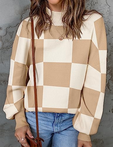 ZESICA Women's 2023 Fall Fashion Turtleneck Long Sleeve Striped Ribbed Knit Loose Pullover Sweater Tops,KhakiPlaid,Small