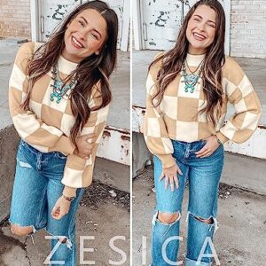 ZESICA Women's 2023 Fall Fashion Turtleneck Long Sleeve Striped Ribbed Knit Loose Pullover Sweater Tops,KhakiPlaid,Small