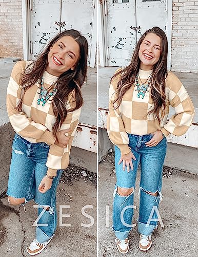 ZESICA Women's 2023 Fall Fashion Turtleneck Long Sleeve Striped Ribbed Knit Loose Pullover Sweater Tops,KhakiPlaid,Small