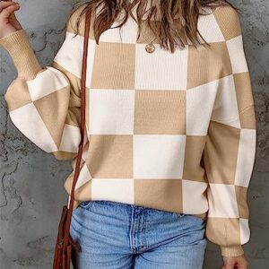 ZESICA Women's 2023 Fall Fashion Turtleneck Long Sleeve Striped Ribbed Knit Loose Pullover Sweater Tops,KhakiPlaid,Small