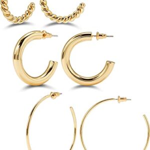 Gold Hoop Earrings Set Women: 14k Plated Hypoallergenic Open Chunky Jewelry Girls Large Thick - Big Thin Lightweight Stainless Steel Golden Loop Earring Pack (Gold)