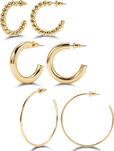 Gold Hoop Earrings Set Women: 14k Plated Hypoallergenic Open Chunky Jewelry Girls Large Thick - Big Thin Lightweight Stainless Steel Golden Loop Earring Pack (Gold)