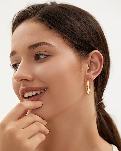 Gold Hoop Earrings Set Women: 14k Plated Hypoallergenic Open Chunky Jewelry Girls Large Thick - Big Thin Lightweight Stainless Steel Golden Loop Earring Pack (Gold)