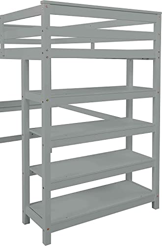 DNYN Twin Size High Loft Bed for Kids,Solid Wood Bedframe with One Desk & Four Shelves & Angle Ladder & Safety Guardrail for Boys and Girls,No Box Spring Needed,79.7"x63.4"x68.3", Gray