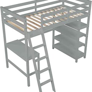 DNYN Twin Size High Loft Bed for Kids,Solid Wood Bedframe with One Desk & Four Shelves & Angle Ladder & Safety Guardrail for Boys and Girls,No Box Spring Needed,79.7"x63.4"x68.3", Gray