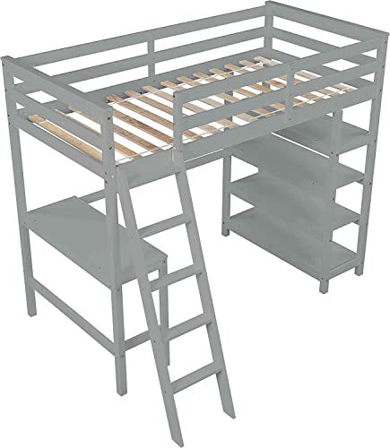 DNYN Twin Size High Loft Bed for Kids,Solid Wood Bedframe with One Desk & Four Shelves & Angle Ladder & Safety Guardrail for Boys and Girls,No Box Spring Needed,79.7"x63.4"x68.3", Gray