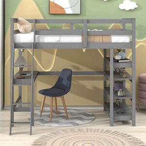 DNYN Twin Size High Loft Bed for Kids,Solid Wood Bedframe with One Desk & Four Shelves & Angle Ladder & Safety Guardrail for Boys and Girls,No Box Spring Needed,79.7"x63.4"x68.3", Gray