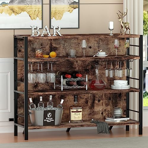 PAKASEPT Home Bar Unit, Industrial Liquor Bar Cabinet Table with Stemware Racks Storage and Footrest, Freestanding Mini Bar Wine Cabinet for Home Kitchen Pub