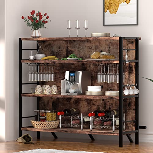 PAKASEPT Home Bar Unit, Industrial Liquor Bar Cabinet Table with Stemware Racks Storage and Footrest, Freestanding Mini Bar Wine Cabinet for Home Kitchen Pub