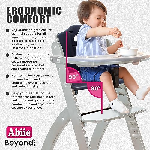 Abiie Beyond Junior Convertible Wooden High Chairs for Babies & Toddlers. 3-in-1 Adjustable High Chair with Removable Tray, Easy to Clean, Portable. 6 Mos. up to 250 Lb. Natural Wood/Dove Grey Cushion