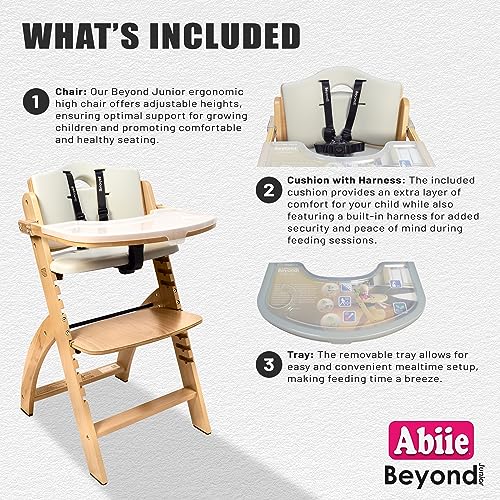 Abiie Beyond Junior Convertible Wooden High Chairs for Babies & Toddlers. 3-in-1 Adjustable High Chair with Removable Tray, Easy to Clean, Portable. 6 Mos. up to 250 Lb. Natural Wood/Dove Grey Cushion