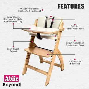 Abiie Beyond Junior Convertible Wooden High Chairs for Babies & Toddlers. 3-in-1 Adjustable High Chair with Removable Tray, Easy to Clean, Portable. 6 Mos. up to 250 Lb. Natural Wood/Dove Grey Cushion