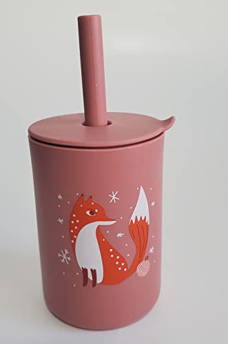 Toddler Cup, Silicone Training Cup Sippy Cup with Straw, Non-Slip, NO BPA, Unbreakable, Trainer Cup for Babies Toddlers and Infants (Dusty rose w/ Fox)