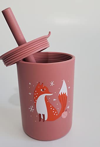 Toddler Cup, Silicone Training Cup Sippy Cup with Straw, Non-Slip, NO BPA, Unbreakable, Trainer Cup for Babies Toddlers and Infants (Dusty rose w/ Fox)