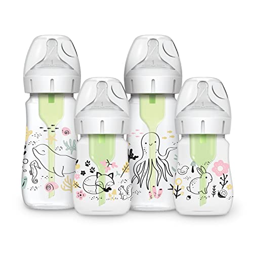 Dr. Brown’s Natural Flow® Anti-Colic Options+™ Wide-Neck Baby Bottle Designer Edition Bottles, Ocean and Woodland Design, 9 oz and 5oz, Level 1 Nipple, 4-Pack, 0m+