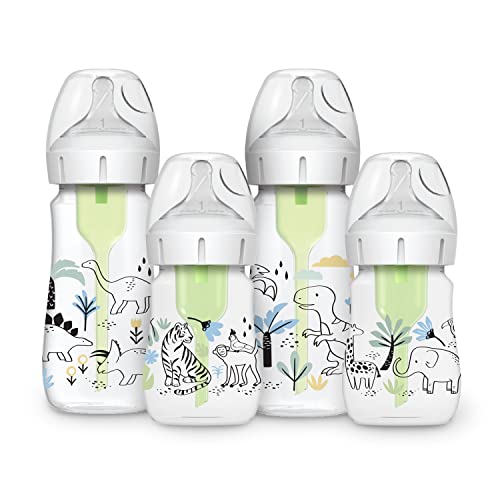 Dr. Brown’s Natural Flow® Anti-Colic Options+™ Wide-Neck Baby Bottle Designer Edition Bottles, Dinosaur and Jungle Design, 9 oz and 5oz, Level 1 Nipple, 4-Pack, 0m+