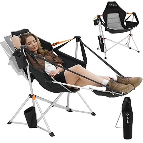 KingCamp Hammock Camping Chair, Aluminum Alloy Adjustable Back Swing Chair Hold Up to 300lbs, Folding Rocking Chair with Removable Footrest Pillow Cup Holder for Adults Outdoor Travel Beach Lawn