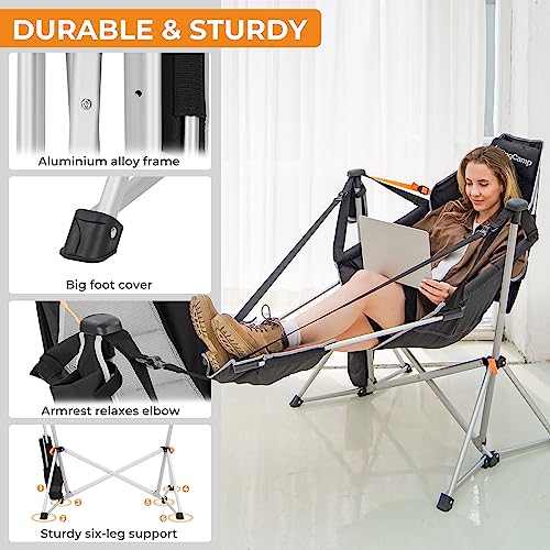 KingCamp Hammock Camping Chair, Aluminum Alloy Adjustable Back Swing Chair Hold Up to 300lbs, Folding Rocking Chair with Removable Footrest Pillow Cup Holder for Adults Outdoor Travel Beach Lawn