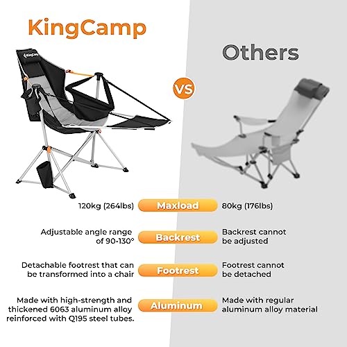 KingCamp Hammock Camping Chair, Aluminum Alloy Adjustable Back Swing Chair Hold Up to 300lbs, Folding Rocking Chair with Removable Footrest Pillow Cup Holder for Adults Outdoor Travel Beach Lawn