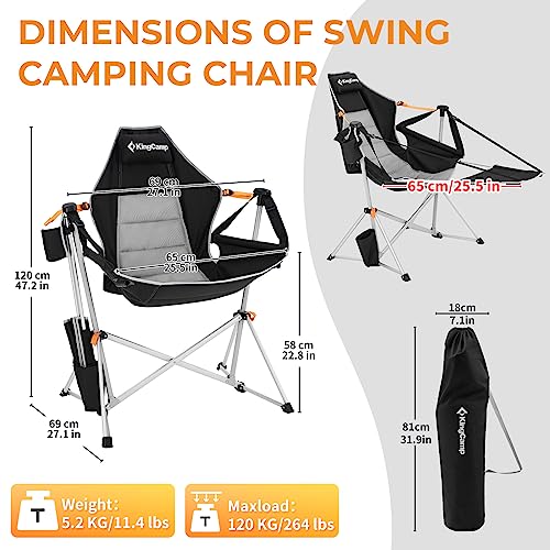 KingCamp Hammock Camping Chair, Aluminum Alloy Adjustable Back Swing Chair Hold Up to 300lbs, Folding Rocking Chair with Removable Footrest Pillow Cup Holder for Adults Outdoor Travel Beach Lawn