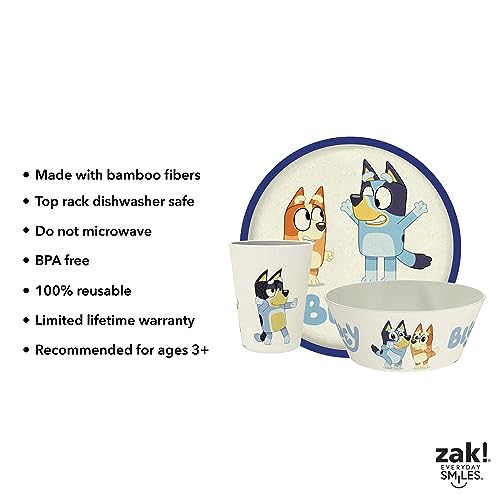 Zak Designs Bluey Kids Dinnerware Set 3 Pieces, Durable and Sustainable Melamine Bamboo Plate, Bowl, and Tumbler are Perfect For Dinner Time With Family (Bluey, Bingo, Bandit, Chilli)