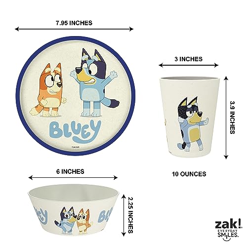 Zak Designs Bluey Kids Dinnerware Set 3 Pieces, Durable and Sustainable Melamine Bamboo Plate, Bowl, and Tumbler are Perfect For Dinner Time With Family (Bluey, Bingo, Bandit, Chilli)