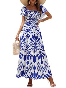 makemechic women's floral print layered short sleeve square neck ruffle high waist a line summer long dress blue and white xl