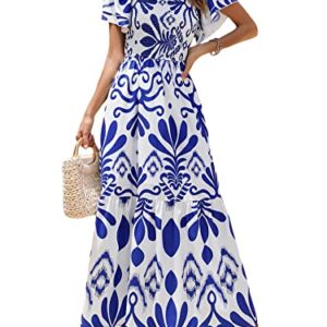 MakeMeChic Women's Floral Print Layered Short Sleeve Square Neck Ruffle High Waist A Line Summer Long Dress Blue and White XL